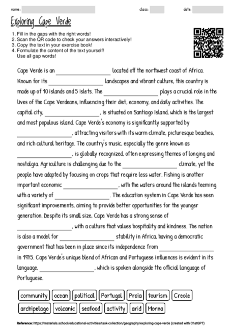 Worksheet with the topic "Exploring Cape Verde" | MATERIALS.SCHOOL