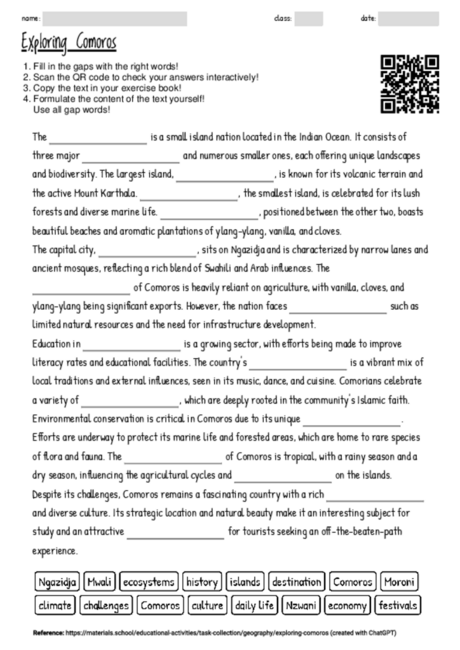Worksheet with the topic "Exploring Comoros" | MATERIALS.SCHOOL