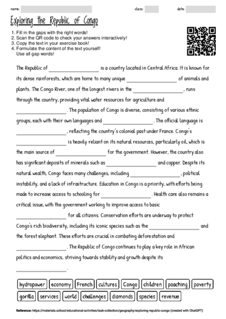 Worksheet with the topic "Exploring the Republic of Congo" | MATERIALS ...