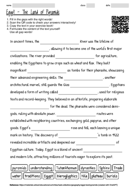 Worksheet with the topic "Egypt - The Land of Pyramids" | MATERIALS.SCHOOL