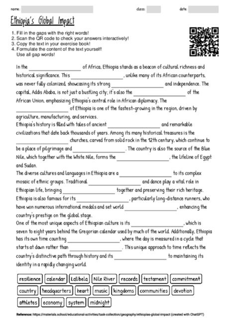 Worksheet with the topic "Ethiopia's Global Impact" | MATERIALS.SCHOOL