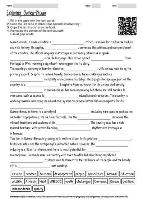 Worksheet with the topic "Exploring Guinea-Bissau" | MATERIALS.SCHOOL