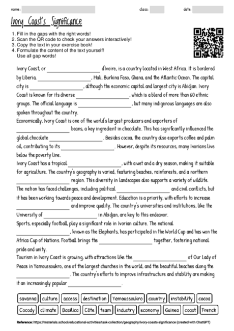 Worksheet with the topic "Ivory Coast's Significance" | MATERIALS.SCHOOL