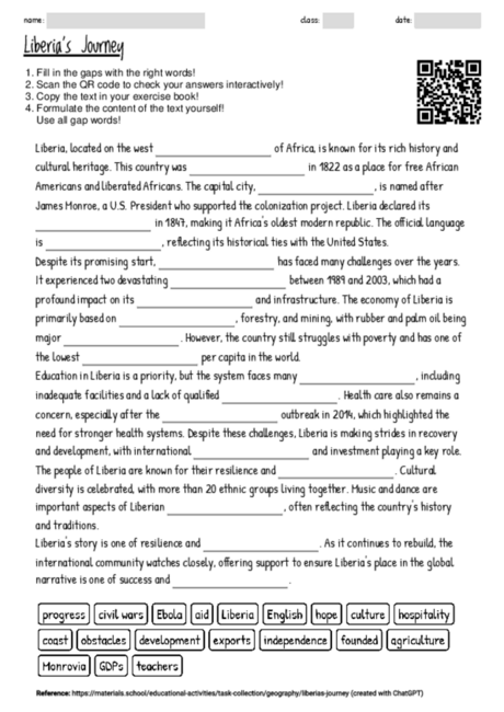 Worksheet with the topic "Liberia's Journey" | MATERIALS.SCHOOL