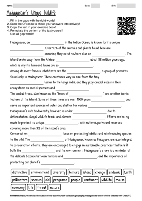Worksheet with the topic "Madagascar's Unique Wildlife" | MATERIALS.SCHOOL