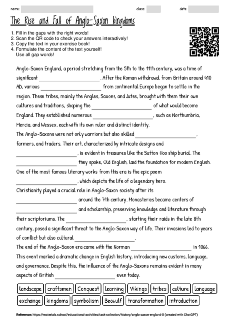 Worksheet with the topic "Anglo-Saxon England" | MATERIALS.SCHOOL