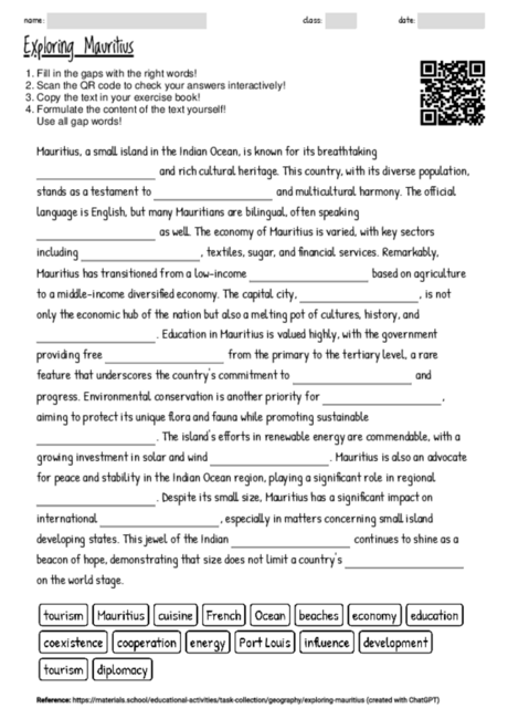 Worksheet with the topic "Exploring Mauritius" | MATERIALS.SCHOOL