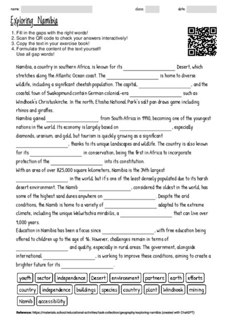 Worksheet with the topic "Exploring Namibia" | MATERIALS.SCHOOL