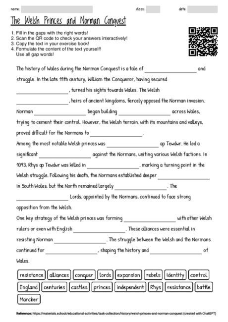 Worksheet with the topic "The Welsh Princes and Norman Conquest ...
