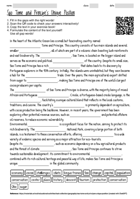 Worksheet with the topic "Sao Tome and Principe's Unique Position ...