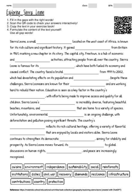 Worksheet with the topic "Exploring Sierra Leone" | MATERIALS.SCHOOL