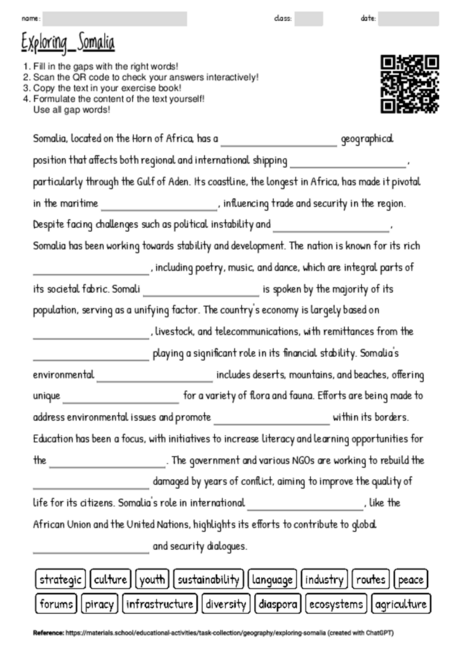 Worksheet with the topic "Exploring Somalia" | MATERIALS.SCHOOL