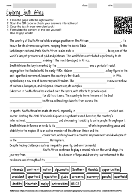 Worksheet with the topic "Exploring South Africa" | MATERIALS.SCHOOL
