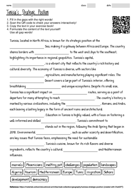 Worksheet with the topic "Tunisia's Strategic Position" | MATERIALS.SCHOOL