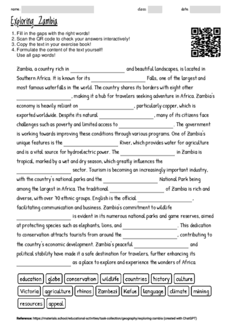 Worksheet with the topic "Exploring Zambia" | MATERIALS.SCHOOL