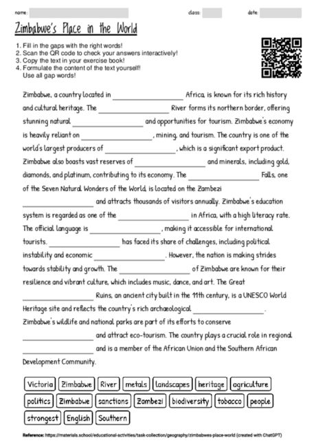 Worksheet with the topic "Zimbabwe's Place in the World" | MATERIALS.SCHOOL