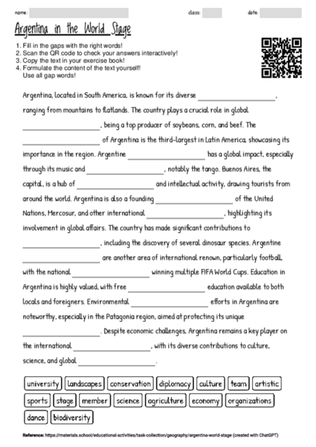 Worksheet with the topic "Argentina in the World Stage" | MATERIALS.SCHOOL