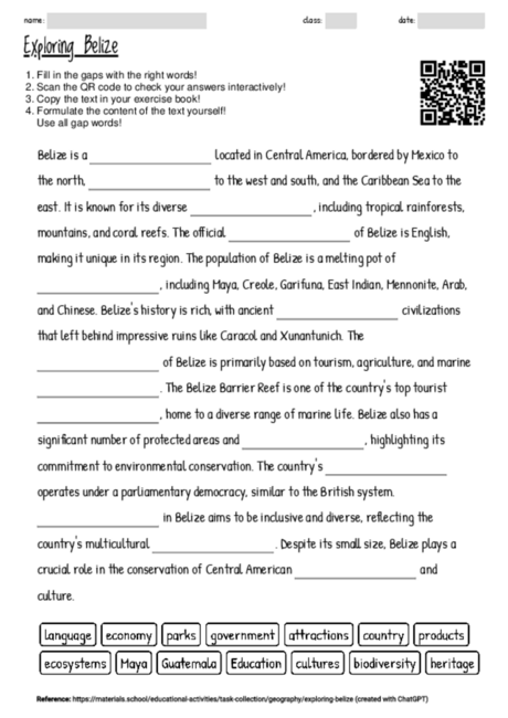 Worksheet with the topic "Exploring Belize" | MATERIALS.SCHOOL