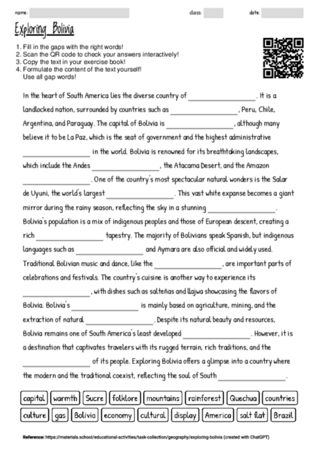Worksheet with the topic "Exploring Bolivia" | MATERIALS.SCHOOL