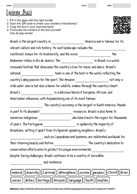 Worksheet with the topic "Exploring Brazil" | MATERIALS.SCHOOL
