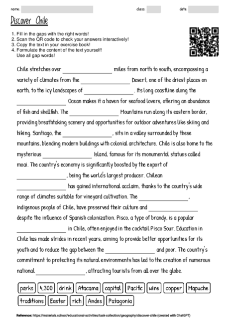Worksheet with the topic "Discover Chile" | MATERIALS.SCHOOL