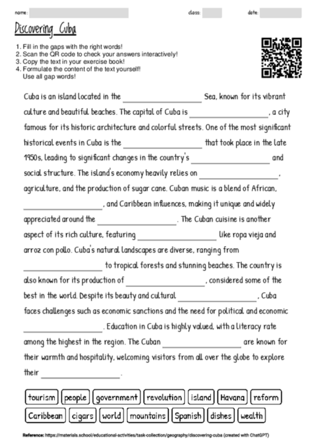 Worksheet with the topic "Discovering Cuba" | MATERIALS.SCHOOL