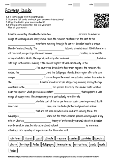 Worksheet with the topic "Discovering Ecuador" | MATERIALS.SCHOOL
