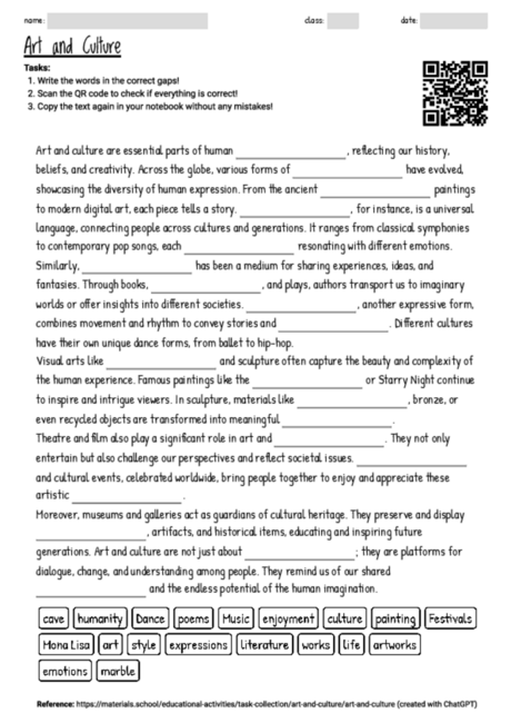 Worksheet with the topic "Art and Culture" | MATERIALS.SCHOOL