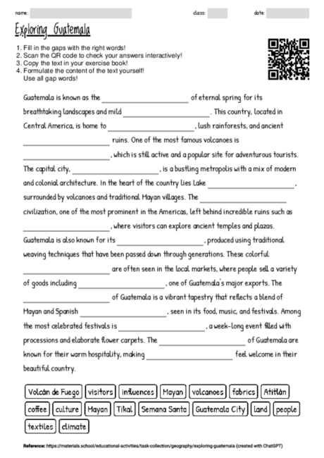 Worksheet with the topic "Exploring Guatemala" | MATERIALS.SCHOOL