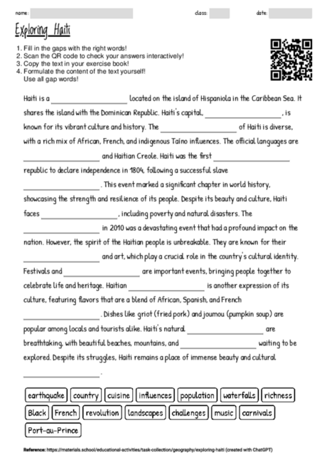 Worksheet with the topic "Exploring Haiti" | MATERIALS.SCHOOL