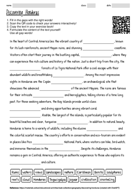 Worksheet with the topic "Discovering Honduras" | MATERIALS.SCHOOL