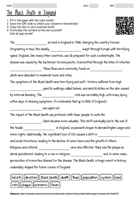 Worksheet with the topic "The Black Death in England" | MATERIALS.SCHOOL