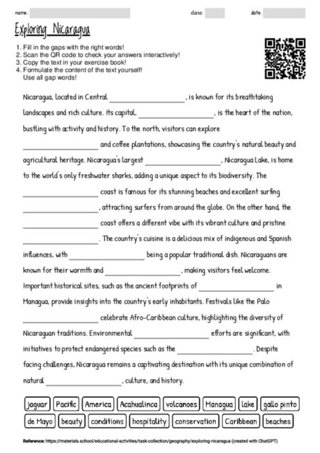 Worksheet with the topic "Exploring Nicaragua" | MATERIALS.SCHOOL