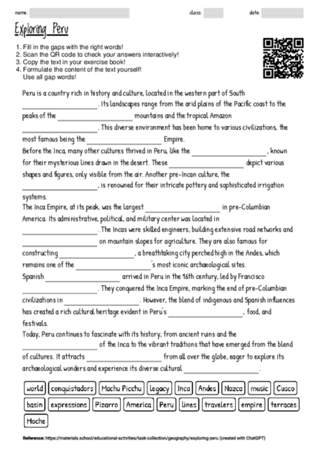 Worksheet with the topic "Exploring Peru" | MATERIALS.SCHOOL