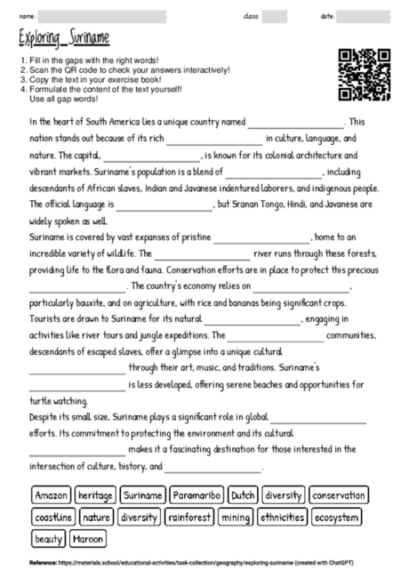 Worksheet with the topic "Exploring Suriname" | MATERIALS.SCHOOL