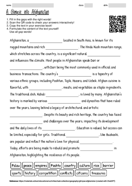 Worksheet with the topic "A Glimpse into Afghanistan" | MATERIALS.SCHOOL