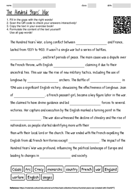 Worksheet with the topic "The Hundred Years' War" | MATERIALS.SCHOOL
