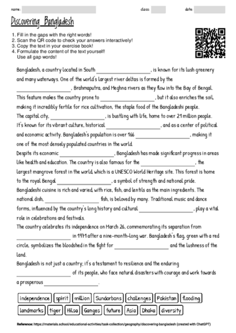 Worksheet with the topic "Discovering Bangladesh" | MATERIALS.SCHOOL