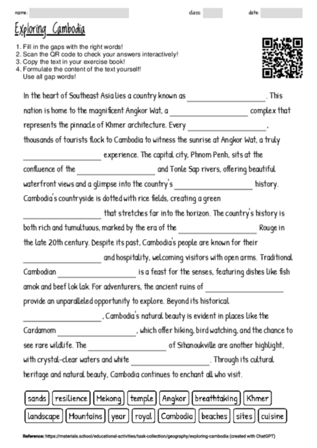 Worksheet with the topic "Exploring Cambodia" | MATERIALS.SCHOOL
