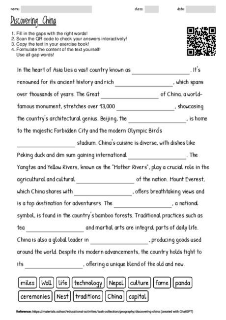 Worksheet with the topic "Discovering China" | MATERIALS.SCHOOL