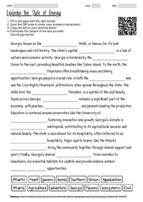 Worksheet with the topic "Exploring the State of Georgia" | MATERIALS ...