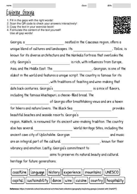 Worksheet with the topic "Exploring Georgia" | MATERIALS.SCHOOL