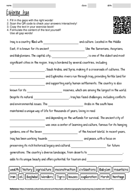 Worksheet with the topic "Exploring Iraq" | MATERIALS.SCHOOL