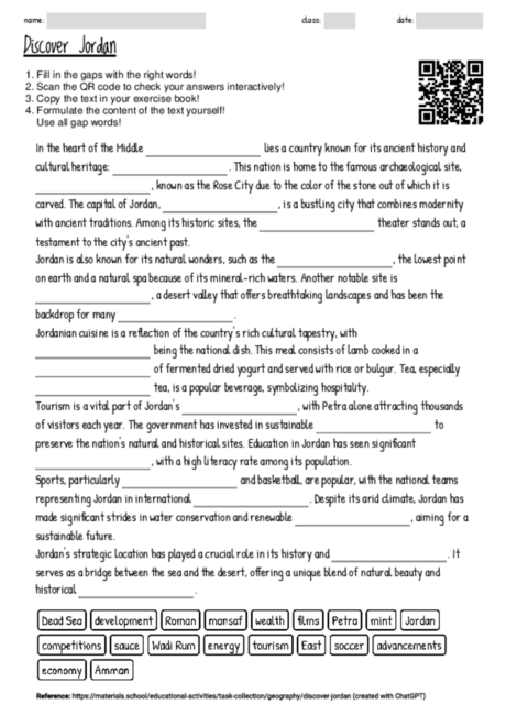 Worksheet with the topic "Discover Jordan" | MATERIALS.SCHOOL