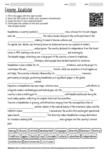 Worksheet with the topic "Exploring Kazakhstan" | MATERIALS.SCHOOL