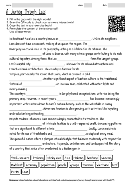 Worksheet with the topic "A Journey Through Laos" | MATERIALS.SCHOOL