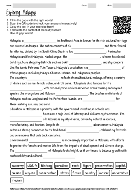 Worksheet with the topic "Exploring Malaysia" | MATERIALS.SCHOOL
