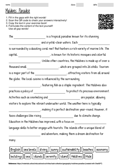 Worksheet with the topic "Maldives Paradise" | MATERIALS.SCHOOL