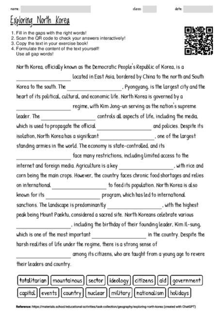 Worksheet with the topic "Exploring North Korea" | MATERIALS.SCHOOL