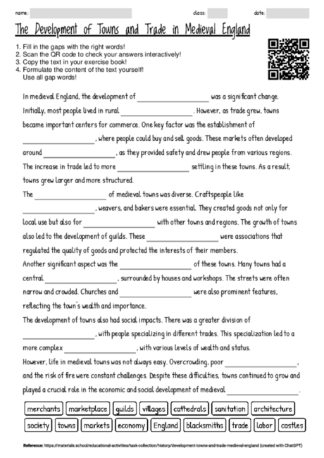 Worksheet with the topic "The Development of Towns and Trade in ...
